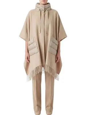Herno Wool And Cashmere Cape With Quilted Inserts And Fringes - Pink