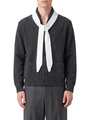 Sacai Pure Wool Cardigan With Scarf Neck And Patch Pockets - Grey
