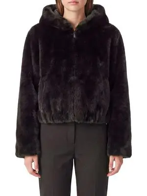 Pinko Short Faux Fur Hooded Jacket With Dropped Shoulders - Brown
