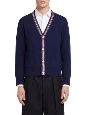 Thom Browne Slim Fit Wool And Mohair Cardigan With Fauna Print Blue