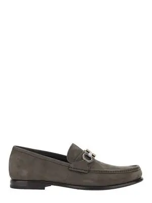 FERRAGAMO Nubuck Leather Penny Loafers With Metallic Gancini Logo - Grey