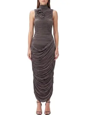 Magda Butrym Off-the-shoulder Ruched Jersey Sheath Midi Dress With Flower - Brown