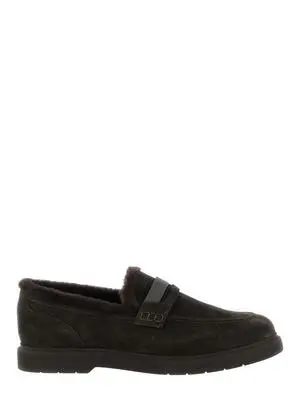 Brunello Cucinelli Shearling-lined Suede Penny Loafers With Monili - Brown