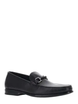 FERRAGAMO Gancini Detail Calfskin Loafers - Black