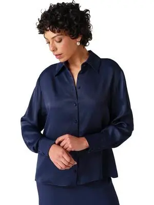 GHOST LONDON Esther Collared Satin Shirt - Navy