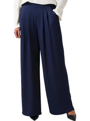 GHOST LONDON Andie Pleated Wide Leg Satin Trouser - Navy