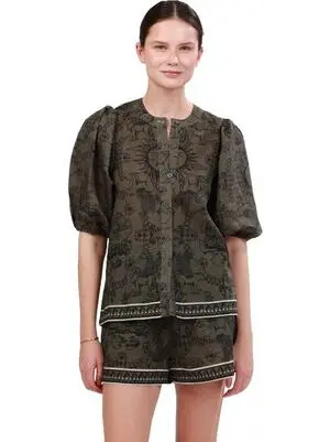 Las Surenas Balloon Sleeve Printed Shirt - Green