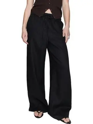 Mango Wide Leg Button Detail Linen Pants - Black