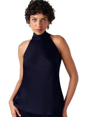 GHOST LONDON Reese High Neck Satin Top - Navy