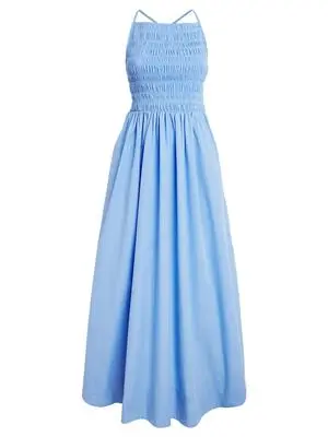 GANNI Organic Cotton Shirred Maxi Dress - Blue
