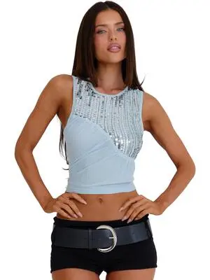 OUTCAST Kenya Cropped Sequin Mesh Top - Blue