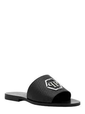 Philipp Plein Leather Slide Sandals With Metal Hexagon Logo - Black
