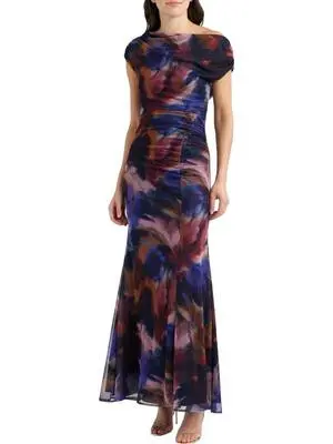 Vince Camuto Asymmetric Ruched Mesh Gown - Navy Multi