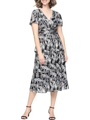 SL FASHIONS Tiered Tea Length Dress With Botanical Print - Blk Sil