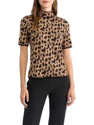 Anne Klein Animal Jacquard Short Sleeve Mock Neck Sweater - Vicuna Multi
