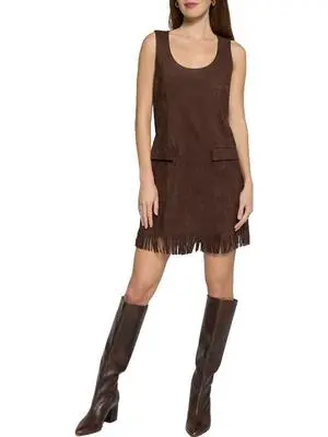 LOST + WANDER Faux Suede Fringe Hem Minidress - Dark Brown