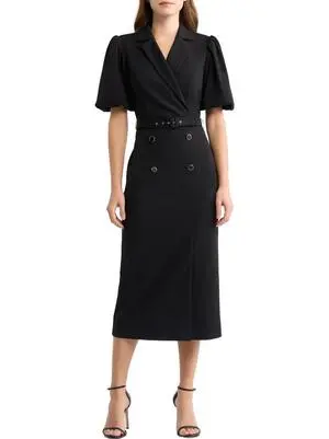 Eliza J Belted Puff Sleeve Midi Dress - Black