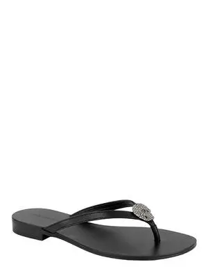 Philipp Plein Nappa Leather Crystal Skull Flip Flop Sandals - Black