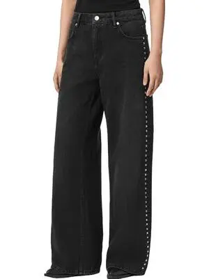 ALLSAINTS Sway Studded High Waist Wide Leg Jeans - Washed Black