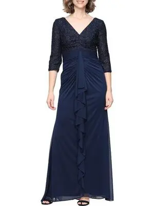 Alex Evenings Sequin Bodice Empire Waist Gown - Navy