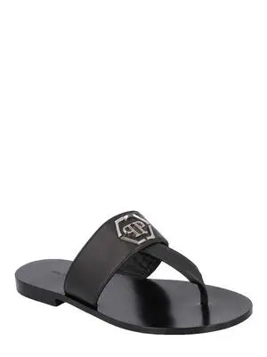 Philipp Plein Leather Flat Sandals Hexagon - Black