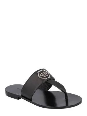 Philipp Plein Leather Flat Sandals With Hexagon Emblem - Black