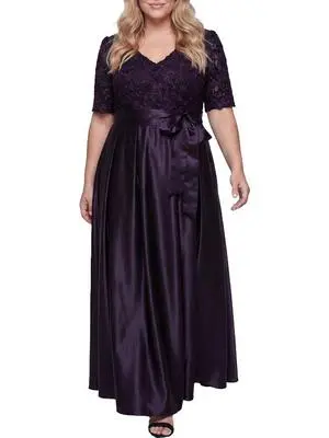 Alex Evenings Sequin Soutache Bodice Empire Waist A-line Gown - Deep Plum