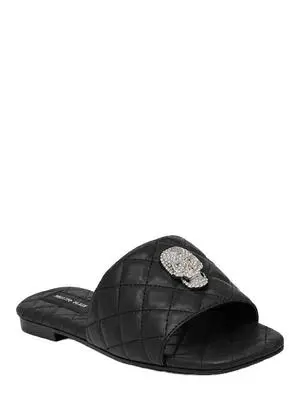 Philipp Plein Nappa Flat Matelasse Sandals With Crystal Skull Embellishment - Black