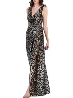EMILY SHALANT Animal Pleated Taffeta Gown - Blue Multi