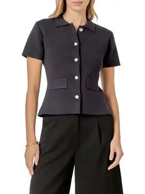 English Factory Short Sleeve Button Front Cardigan - Black