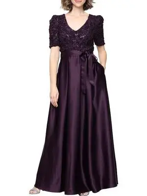 Alex Evenings Sequin Soutache Bodice Empire Waist A-line Gown - Deep Plum