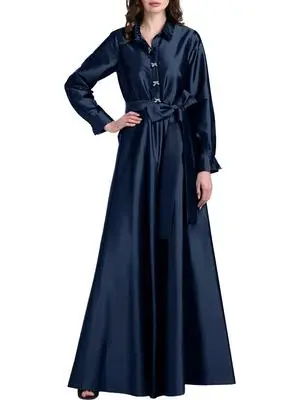 EMILY SHALANT Crystal Bow Button Long Sleeve Taffeta A-line Gown - Navy