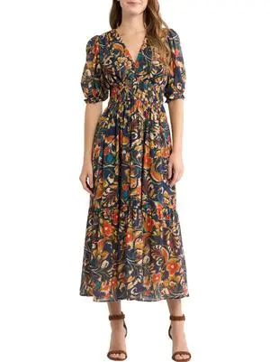 Vince Camuto Textured Shirred Maxi Dress - Navy Multi