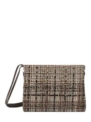 Brunello Cucinelli Pouch Bag In Water-resistant Checked Alpaca And Wool With Dazzling Degradé Embroidery - Brown