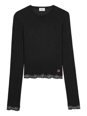 Saint Laurent Cassandre Laced Top In Ribbed Wool, Cashmere, And Silk - Noir