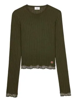 Saint Laurent Cassandre Lace Trim Ribbed Top - Kaki