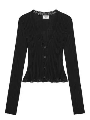SAINT LAURENT Saint Laurent Ribbed Wool, Cashmere, And Silk Cardigan With Lace Trims