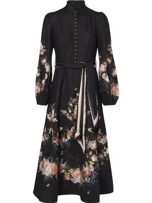 Zimmermann Valiant Belted Floral Linen Midi Dress - Black