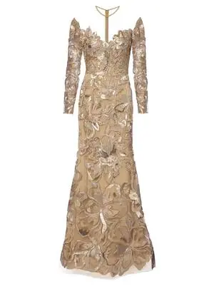Elie Saab Embroidered Sequined Tulle Gown - Gold
