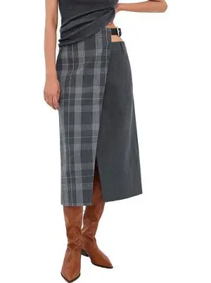 Tibi Papery Wool Plaid Double Apron Skirt - Grey Multi