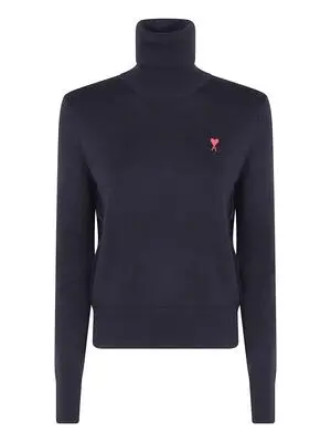 AMI Paris Wool Turtleneck Sweater With De Coeur Emblem - Black