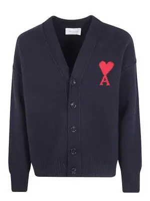 AMI Paris V-neck " De Coeur" Wool Cardigan - Black