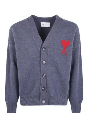 AMI Paris V-neck Cardigan With De Coeur Detail - Blue