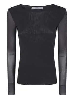 D.exterior Long Sleeve Round Neck Tulle Top - Brown