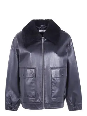 Liviana Conti Leather Bomber Jacket With Fur Collar - Black