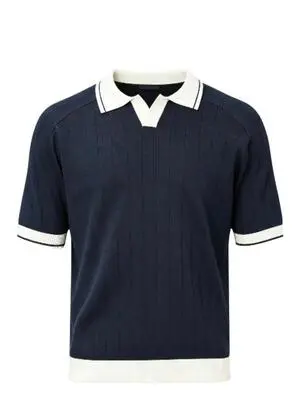 VAYLA Open Collar Relaxed Fit Breathable Polo Shirt In Navy & Cream - Blue