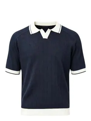 VAYLA Open Collar Relaxed Fit Breathable Polo Shirt In Navy & Cream - Blue