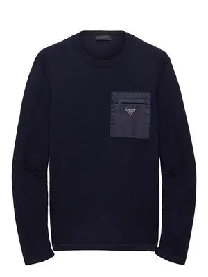 Prada Virgin Wool Crew Neck Sweater With Nylon Pocket - Blue