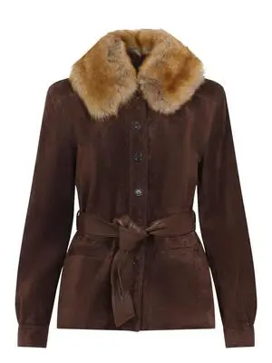 Saint Laurent Suede Belted Jacket With Removable Shearling Collar - Multicolor