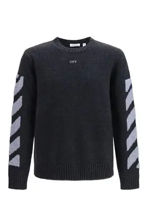 Off-White Crew Neck Sweater With Fuzzy Diagonal Pattern - Grey